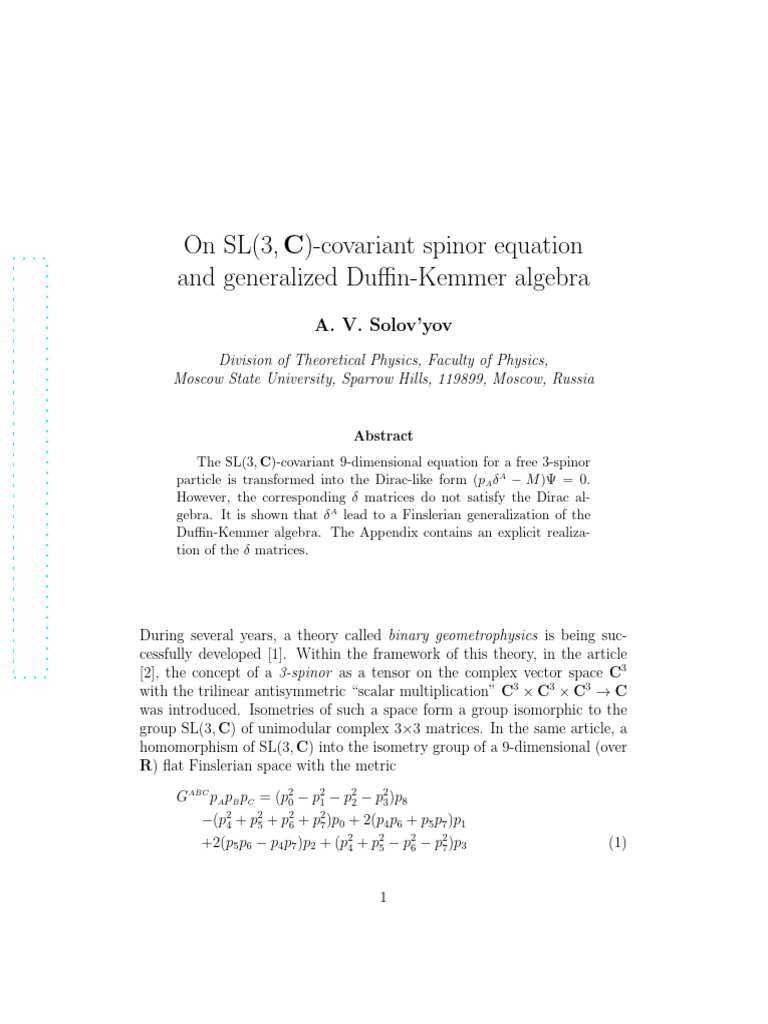 On SL (3,) - Covariant Spinor Equation and Generalized Duffin-Kemmer ...