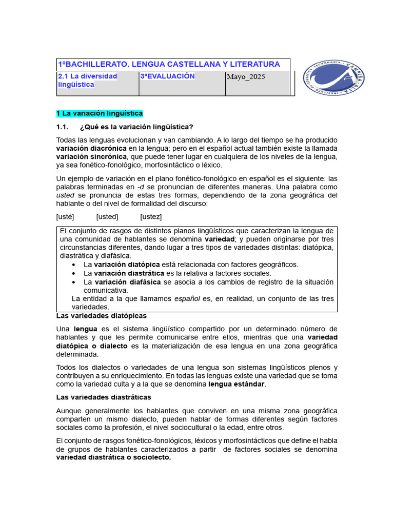 Res 1bach 2 1 La Diversidad Ling Istica | PDF | Multilingüismo | Dialecto