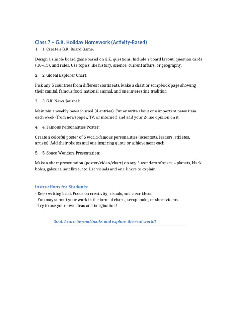 Class 7 GK Holiday Homework | PDF