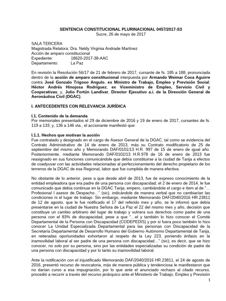 Sentencia Constitucional SCP 0457/2017 | PDF | Derecho laboral | Invalidez