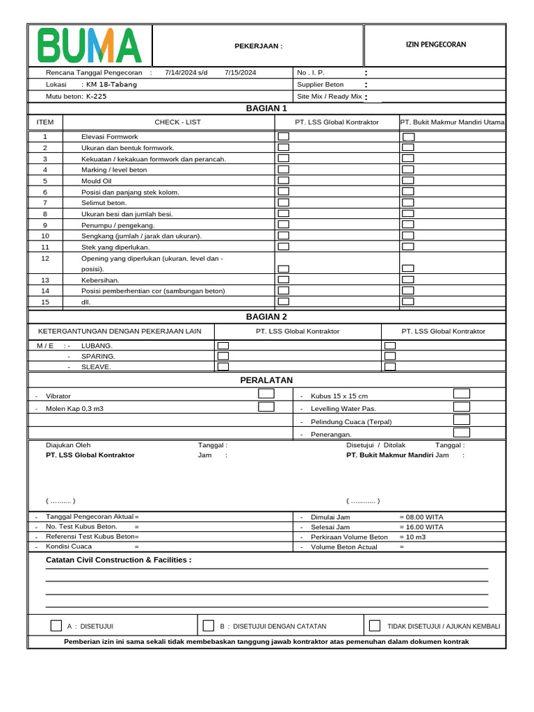 Check List Pengecoran 14-07-2024 sd 15-07-2024 | PDF