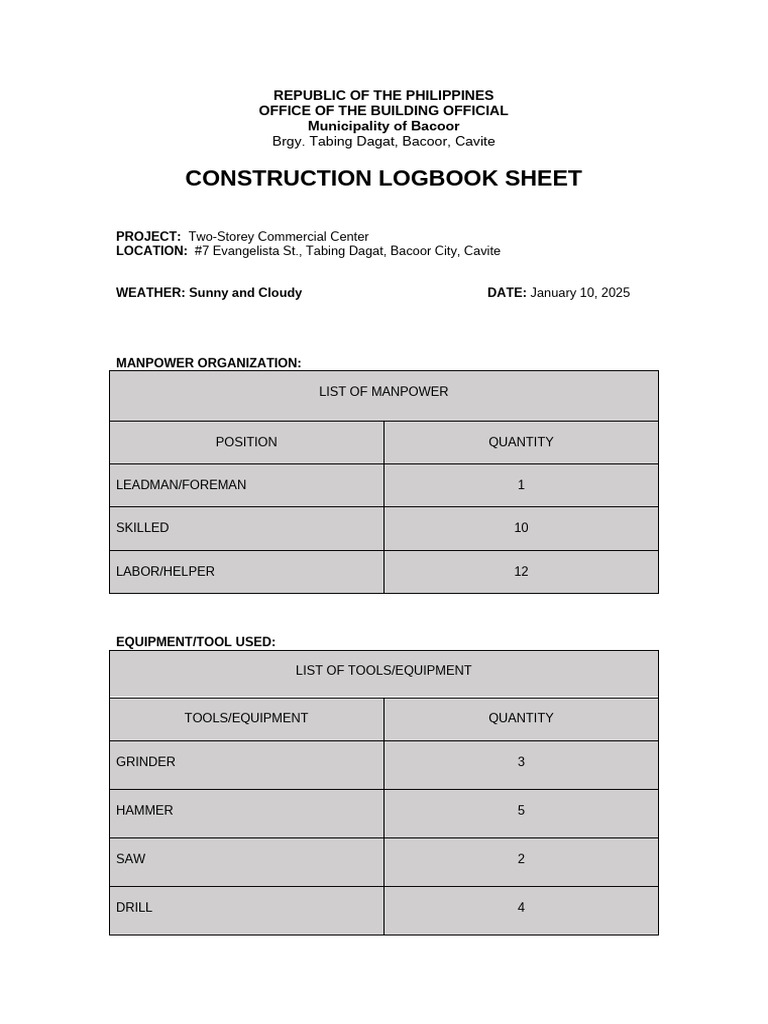 Construction Logbook Sheet - 1 | PDF | Civil Engineering | Building ...