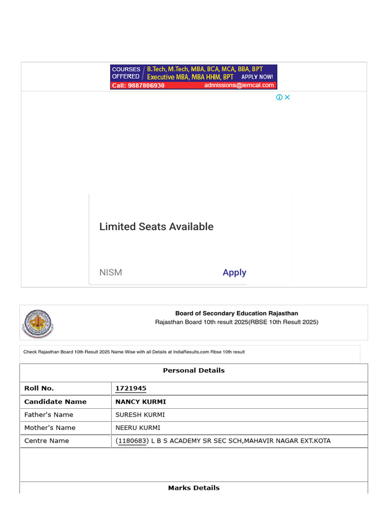 Rajasthan Board 10th Result 2025 Name Wise - RBSE 10th Result 2025 Board of Sec | PDF ...