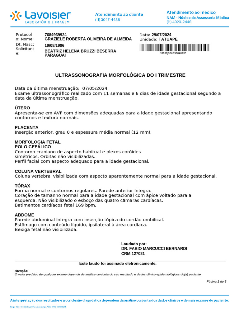 Laudo de Ultrassom Morfológico I Trimestre | PDF | Gravidez ...