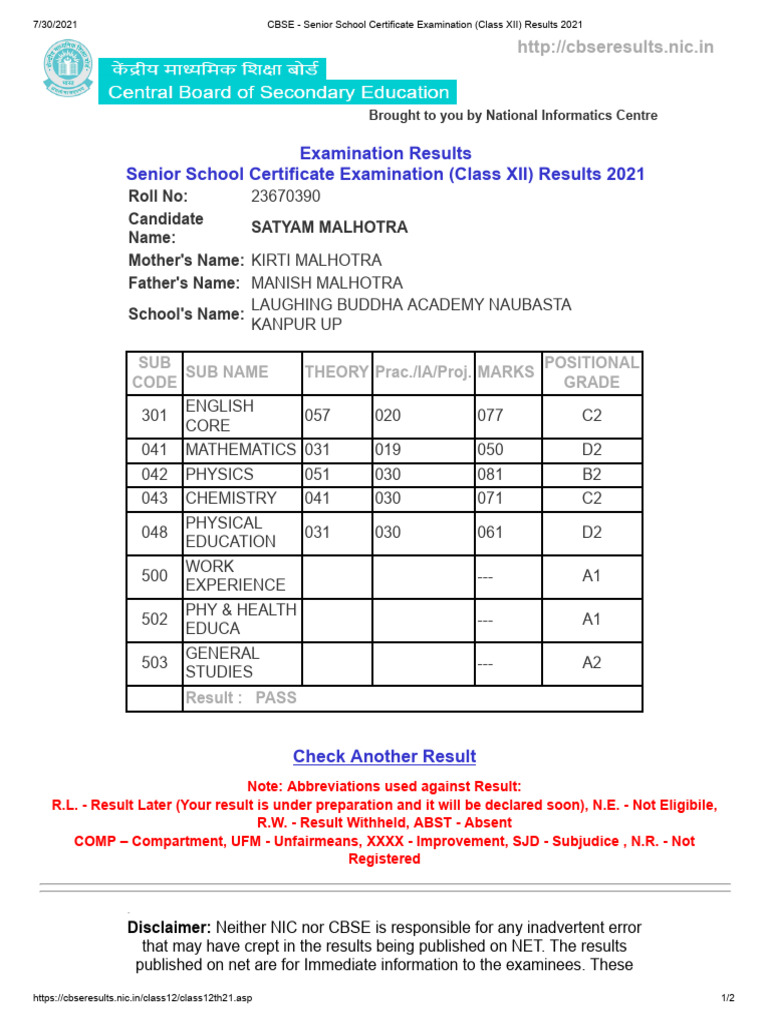 CBSE - Senior School Certificate Examination (Class XII) Results 2021 ...