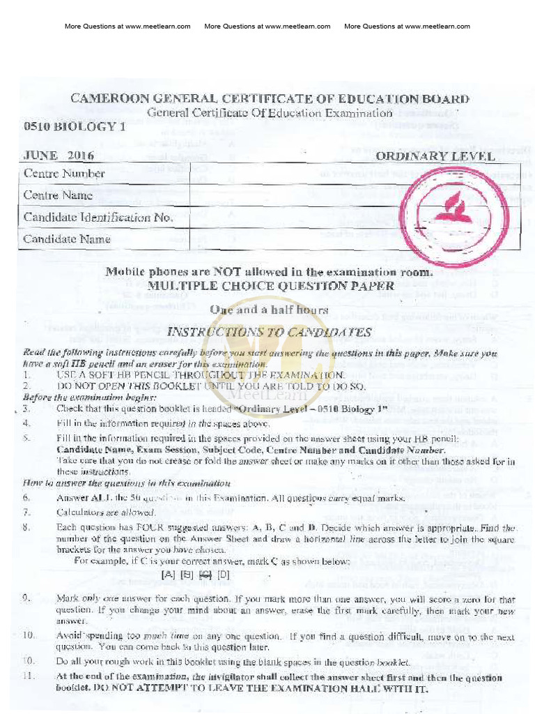 GCE O Level Biology Past Questions | PDF | Kidney | Cornea