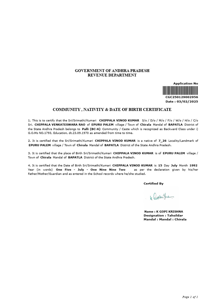Vinod Kumar Caste Certificate | PDF