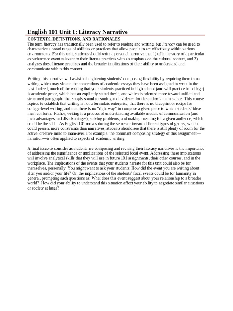 Literacy Narrative in English 101 | PDF | Narrative | Literacy