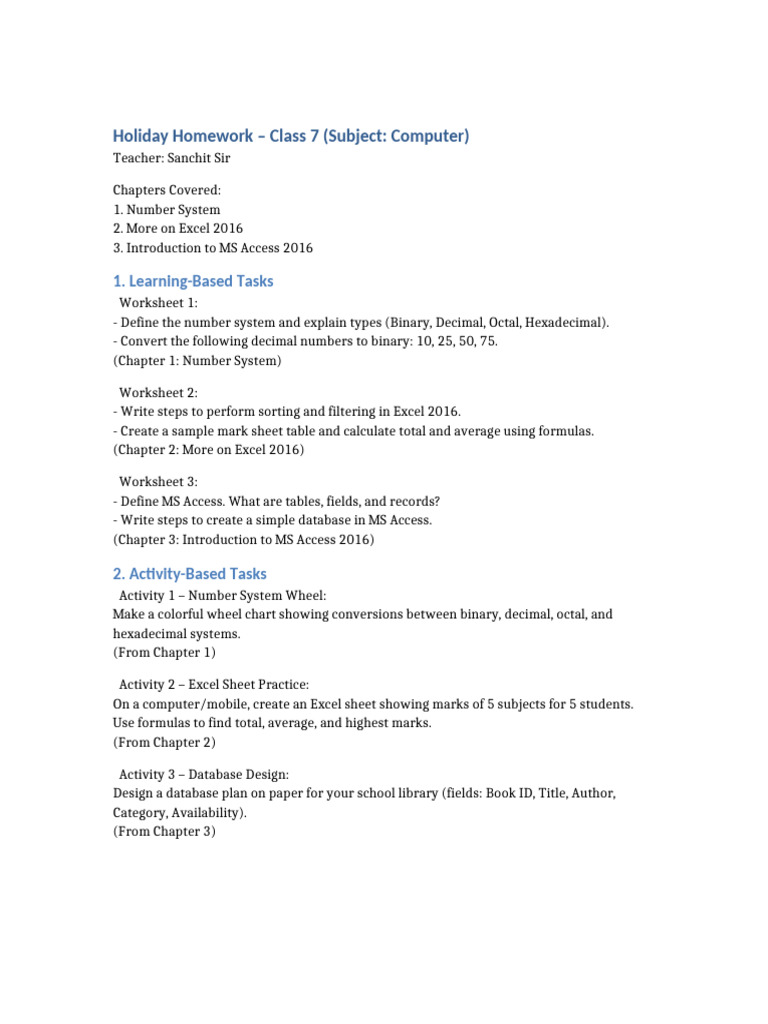 Class 7 Computer Holiday Homework | PDF