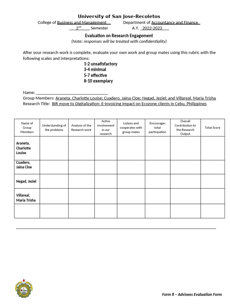 Form 8b Advisees EVALUATION Final | PDF