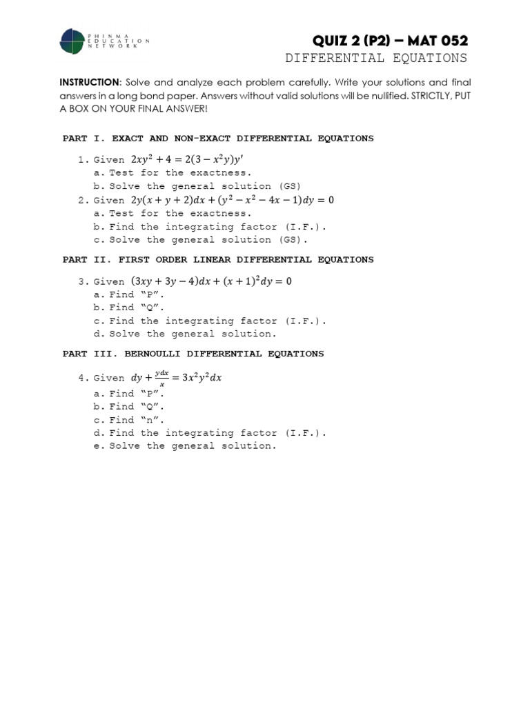 Quiz 2 P2 Mat 052 | PDF