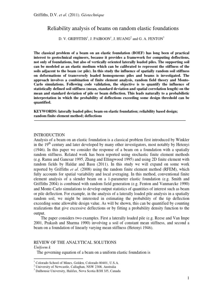 Paper - Reliability Analysis of Beams On Random Elastic Foundations - Geotechnique - 2011 | PDF ...