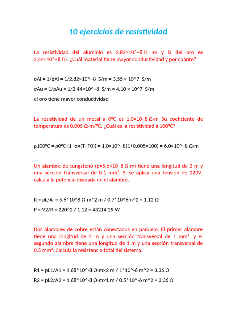 10 Ejercicios de Resistividad | PDF | Resistividad Eléctrica y ...
