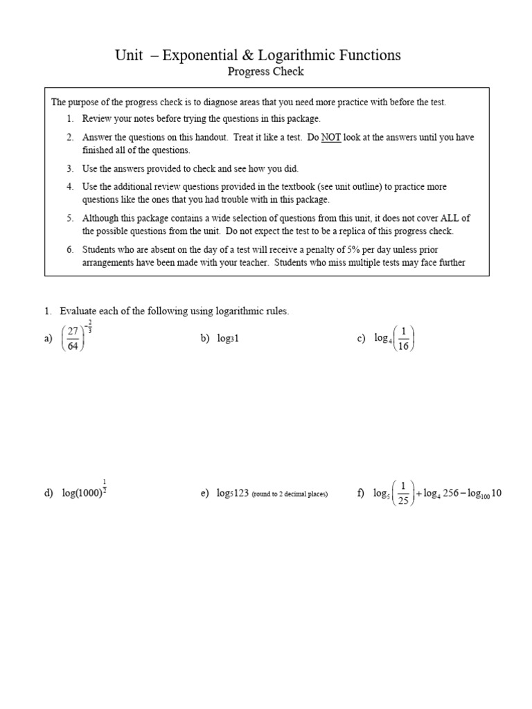 Unit Review - Exponential and Logarithm Functions | PDF | Logarithm | Ph