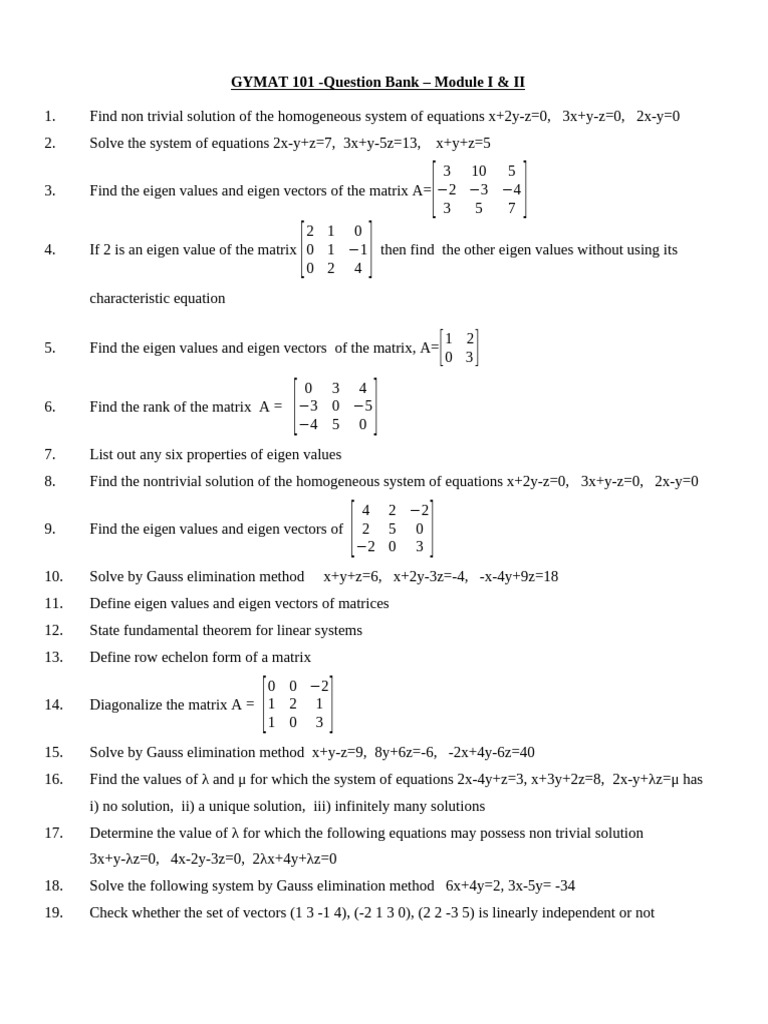 829 70 50 GYMAT 101-Q Bank - Module I II | PDF | Eigenvalues And Eigenvectors | System Of Linear ...