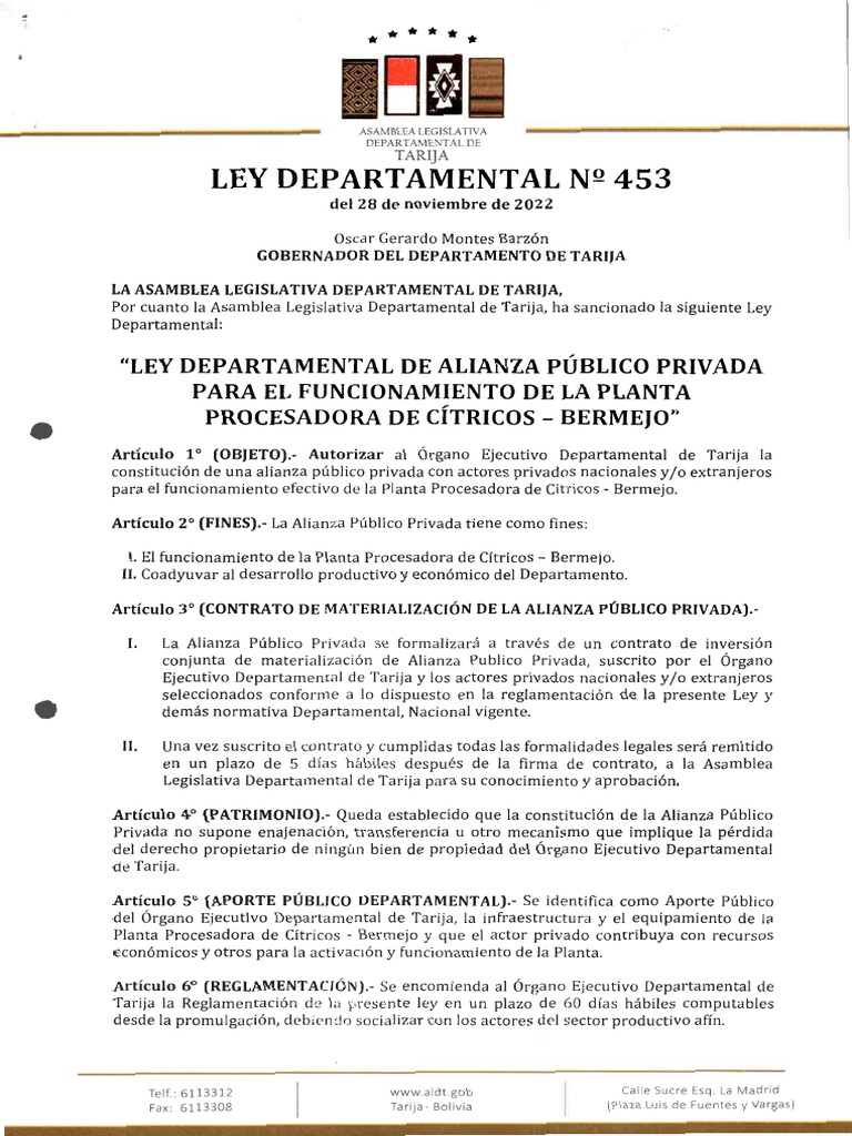Dptal - TJ - Ley Dptal 453 APP P Funcionamiento de La Planta Procesadora de Citricos-Bermejo PDF ...