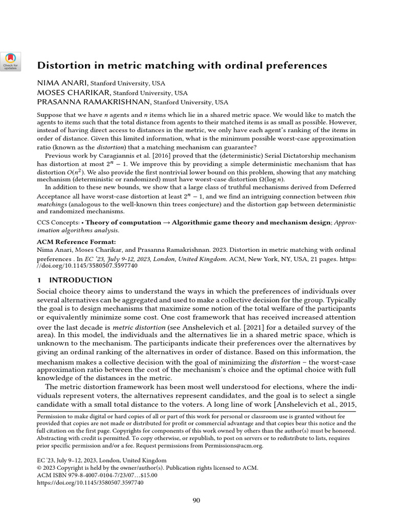(Anari+) Distortion in Metric Matching With Ordinal Preferences | PDF ...