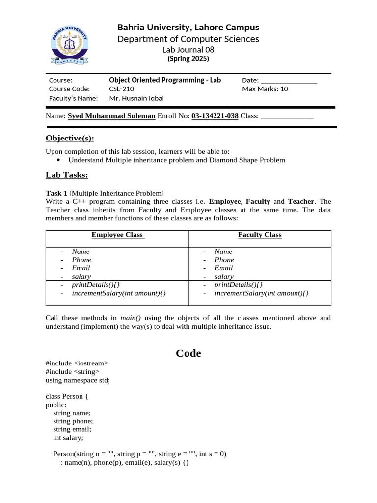 Lab Journal 08 12052025 014057pm | PDF | Inheritance (Object Oriented Programming) | Namespace
