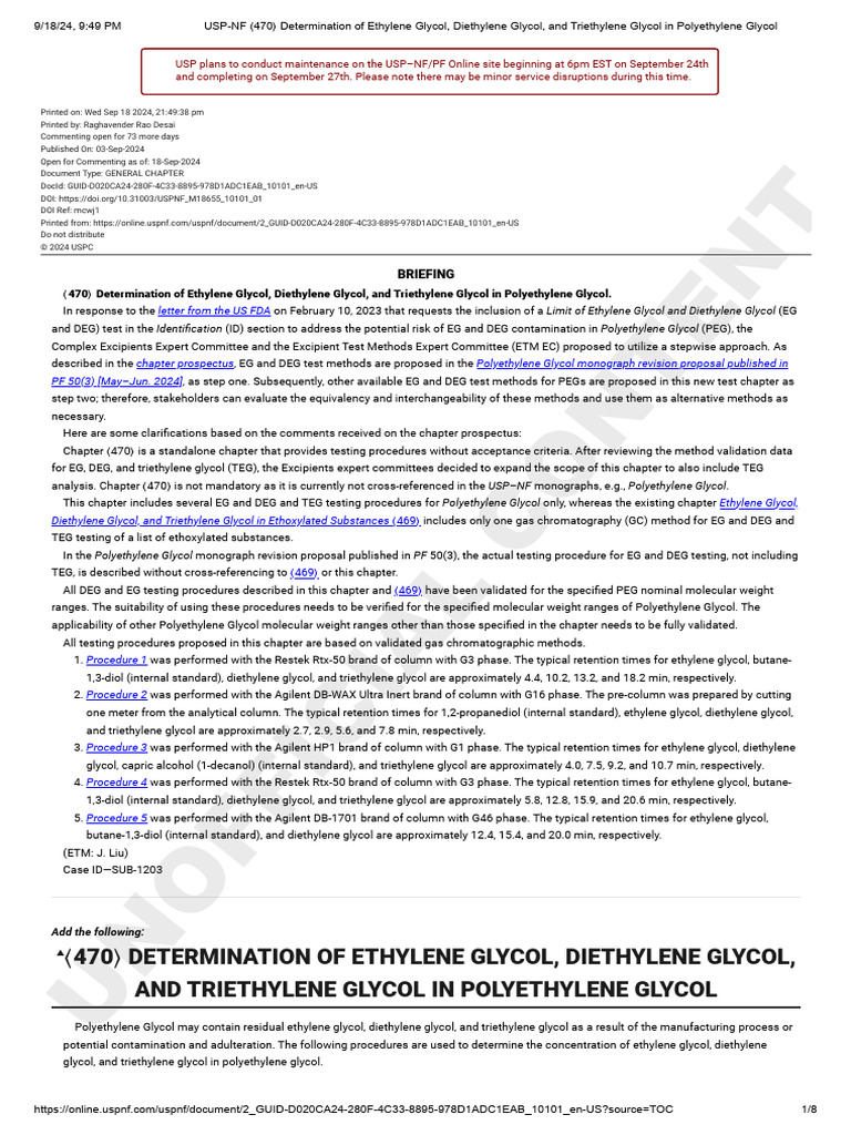 USP-NF 470 Determination of Ethylene Glycol, Diethylene Glycol, and Triethylene Glycol in ...