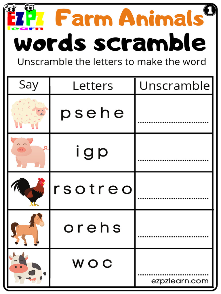 1 Farm Animals Word Scramble | PDF