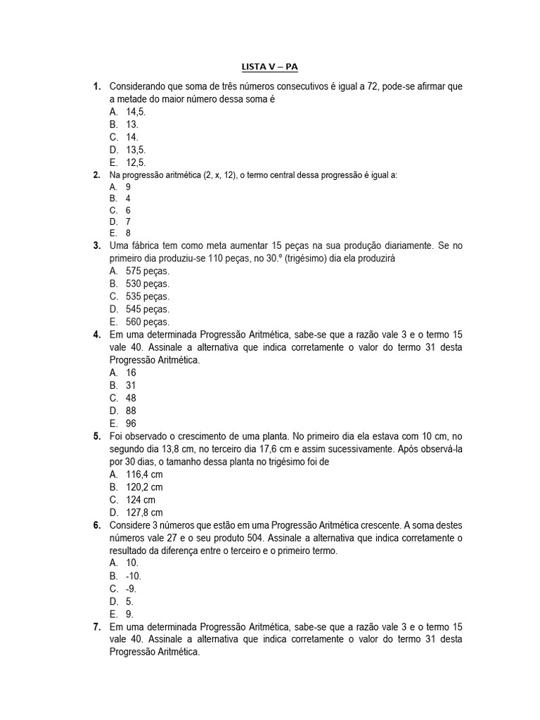 LISTA V - Progressão Aritmética - IDECAN | PDF | Sequência | Aritmética