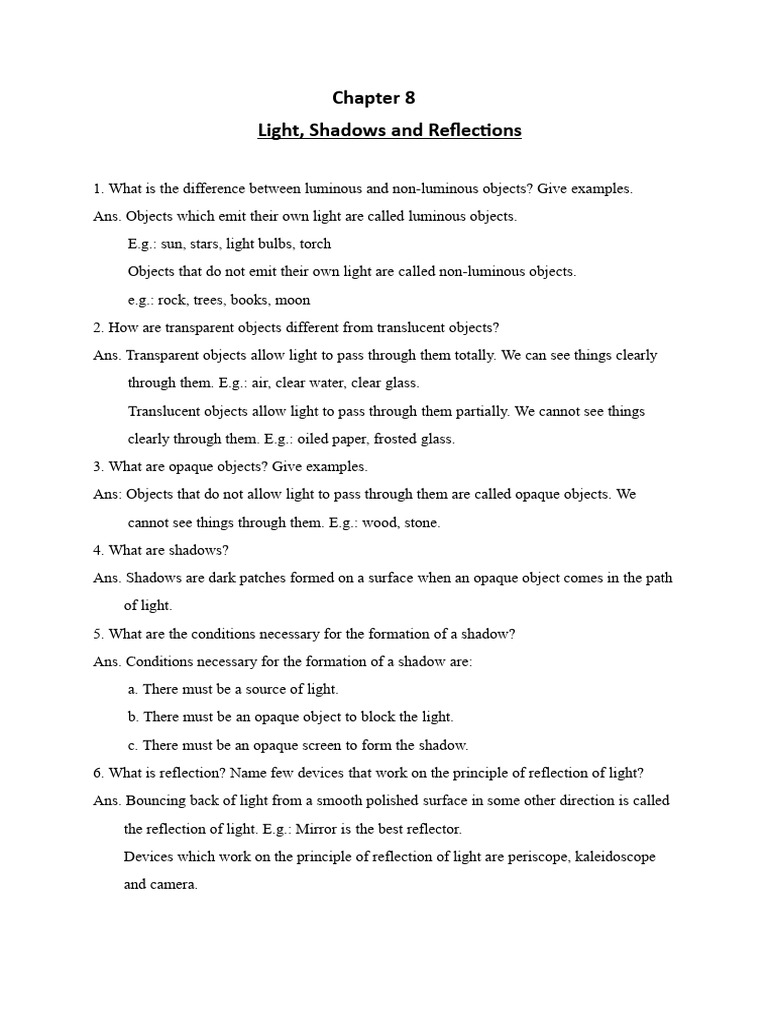 Chapter 8 Light, Shadows and Reflections | PDF | Shadow | Light