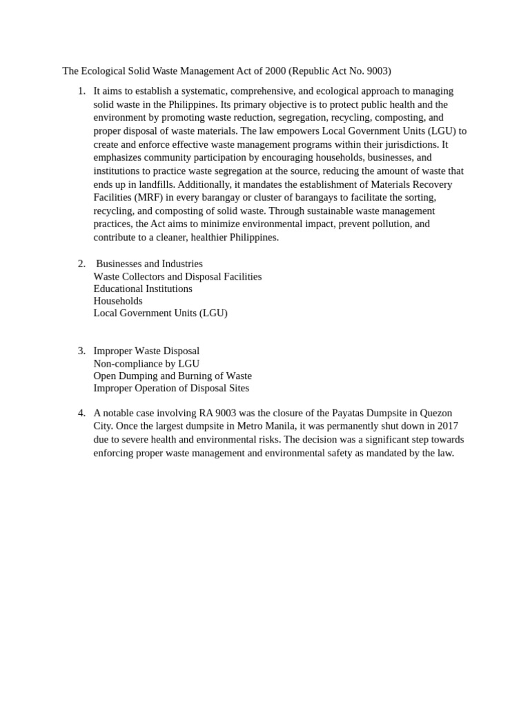 Ecological Solid Waste Management Act Overview | PDF | Waste Management ...
