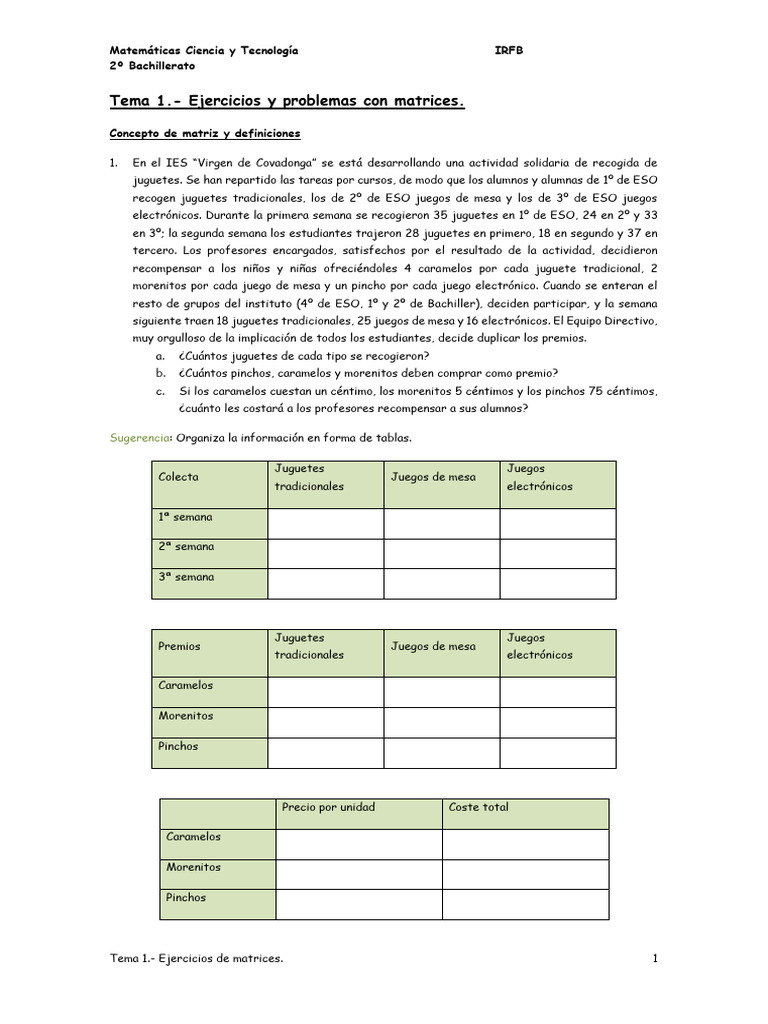 Tema 1 Ejercicios Matrices | PDF | Matriz (Matemáticas) | Análisis matemático