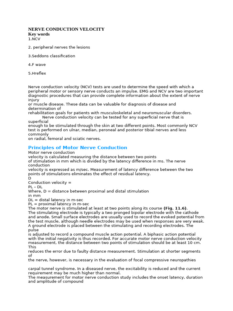 Nerve Conduction Velocity | PDF | Peripheral Neuropathy | Electromyography