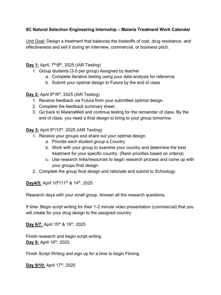 Natural Selection Engineering Internship - Student Calendar 2025 | PDF