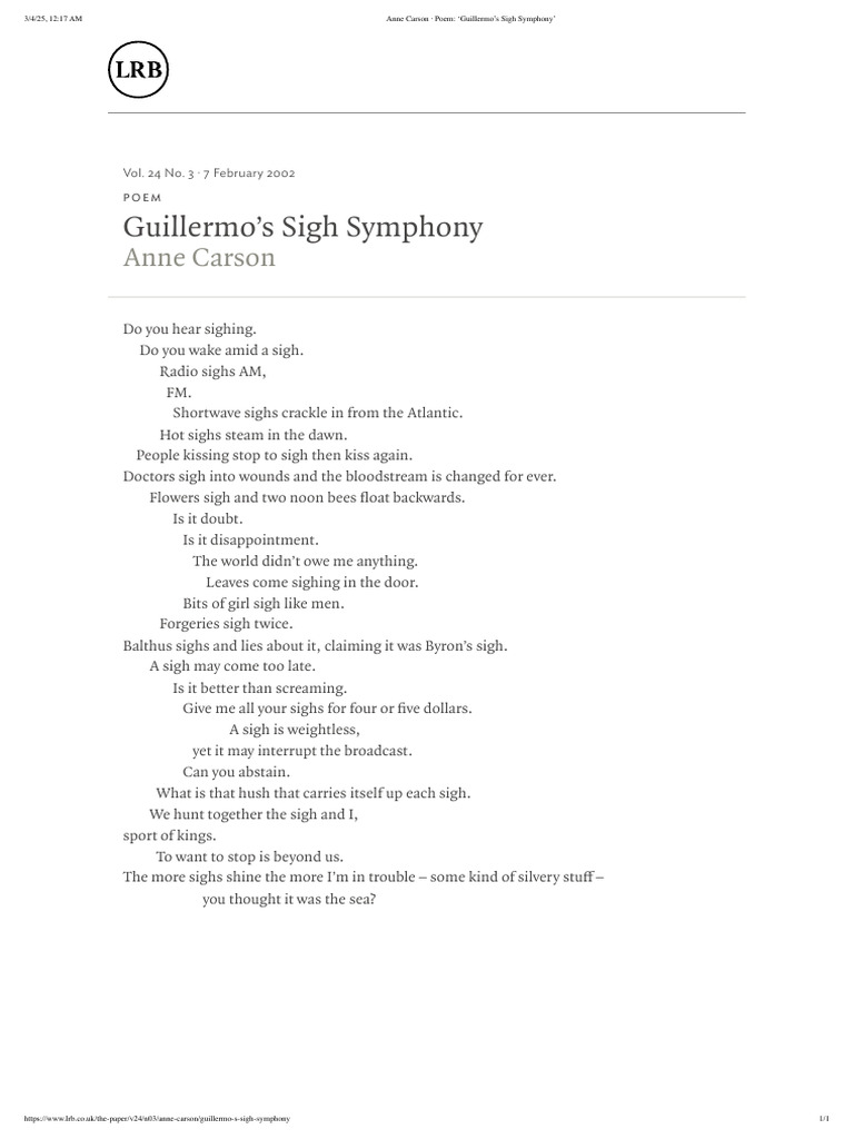Anne Carson Poem - Guillermo's Sigh Symphony' | PDF