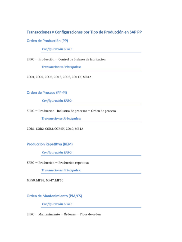 Transacciones y Configuraciones Produccion SAP | PDF