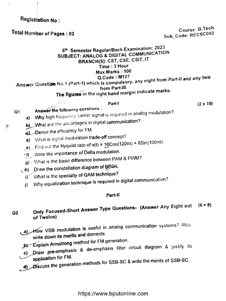 Btech Cst Cse Csit It 6 Sem Analog and Digital Communication Rec5c002 2023 | PDF