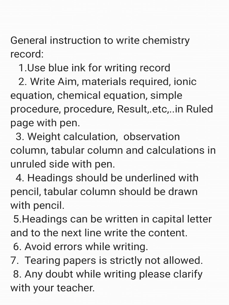 General Instruction For Chemistry Record Writing | PDF
