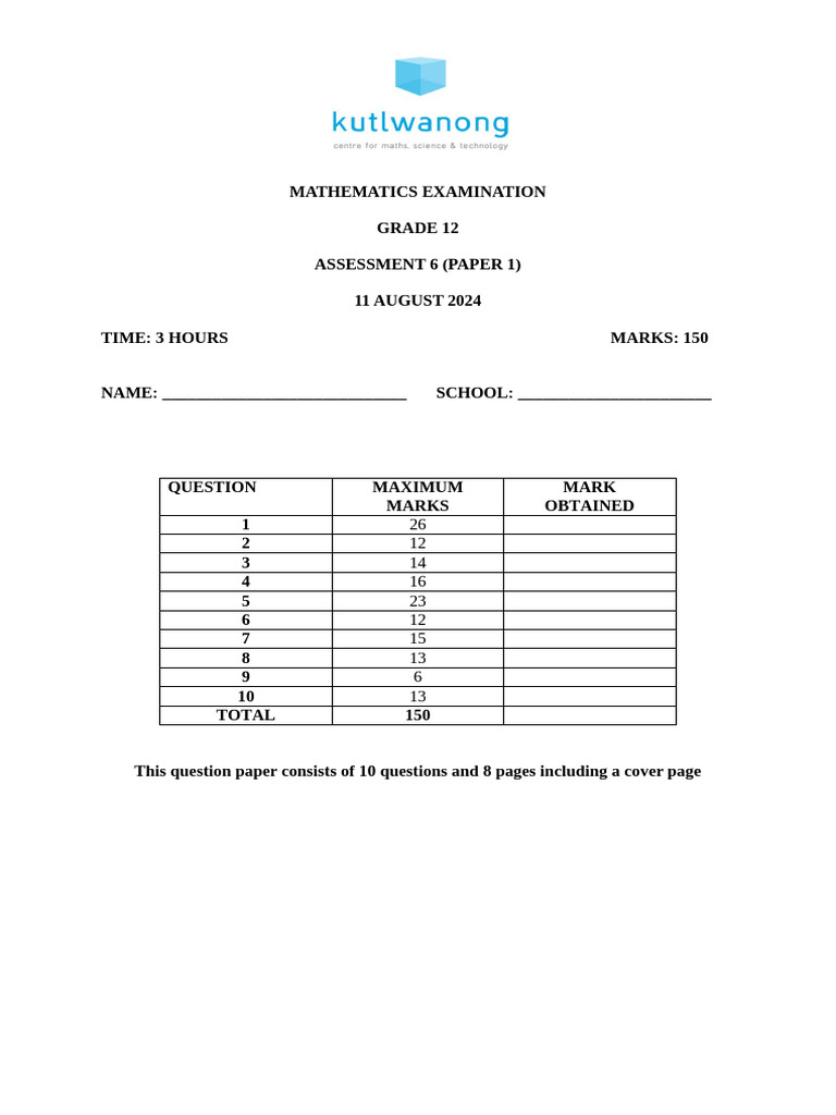 Grade 12 Mathematics Exam Paper 1 | PDF | Cartesian Coordinate System ...