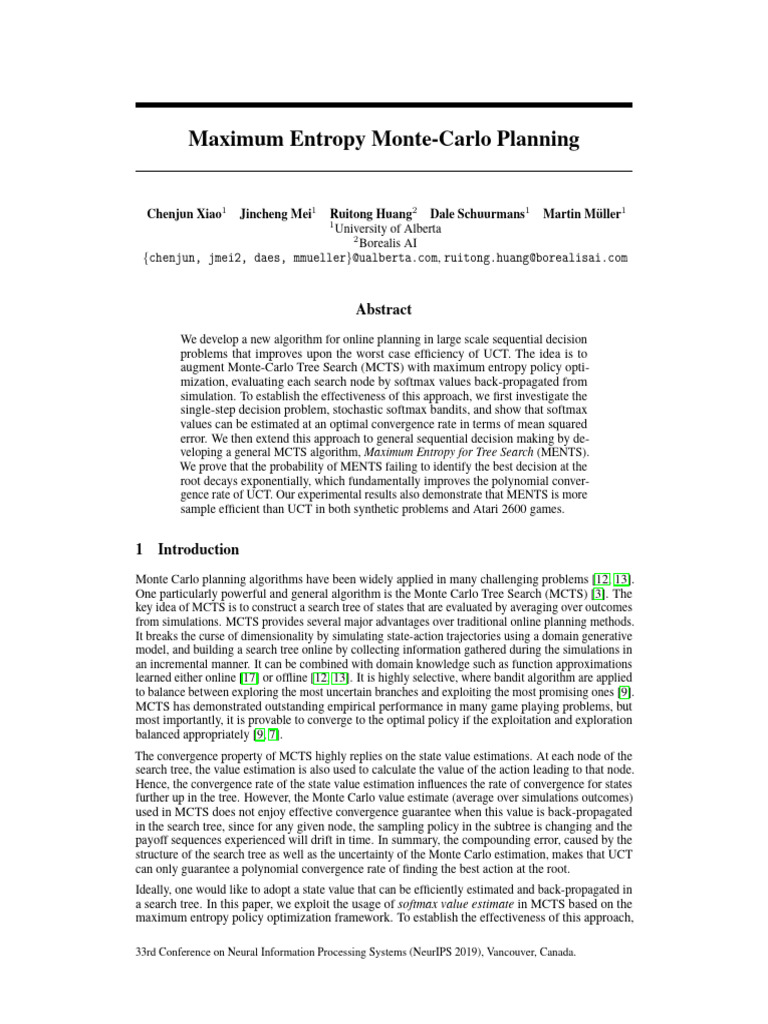NeurIPS 2019 Maximum Entropy Monte Carlo Planning Paper | PDF | Monte ...