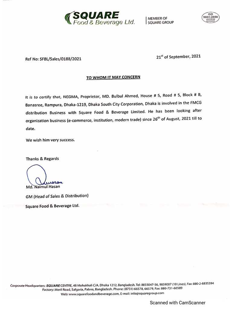 Square Food Authorization Letter | PDF