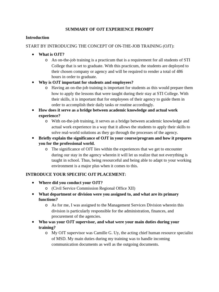 SUMMARY OF OJT EXPERIENCE PROMPT | PDF | Skill | Behavior Modification