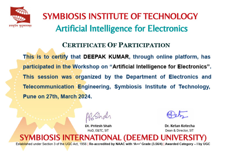 E Certificate On AI For Electronics Session | PDF