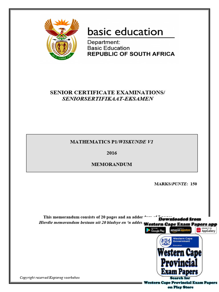 2016 Grade 12 Math June Paper 1 WC MEMO | PDF | Mathematics