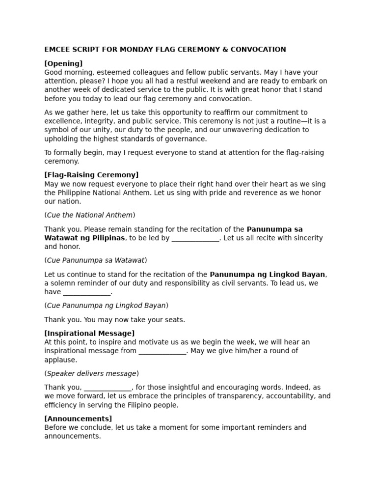 Monday Flag Ceremony Emcee Script | PDF