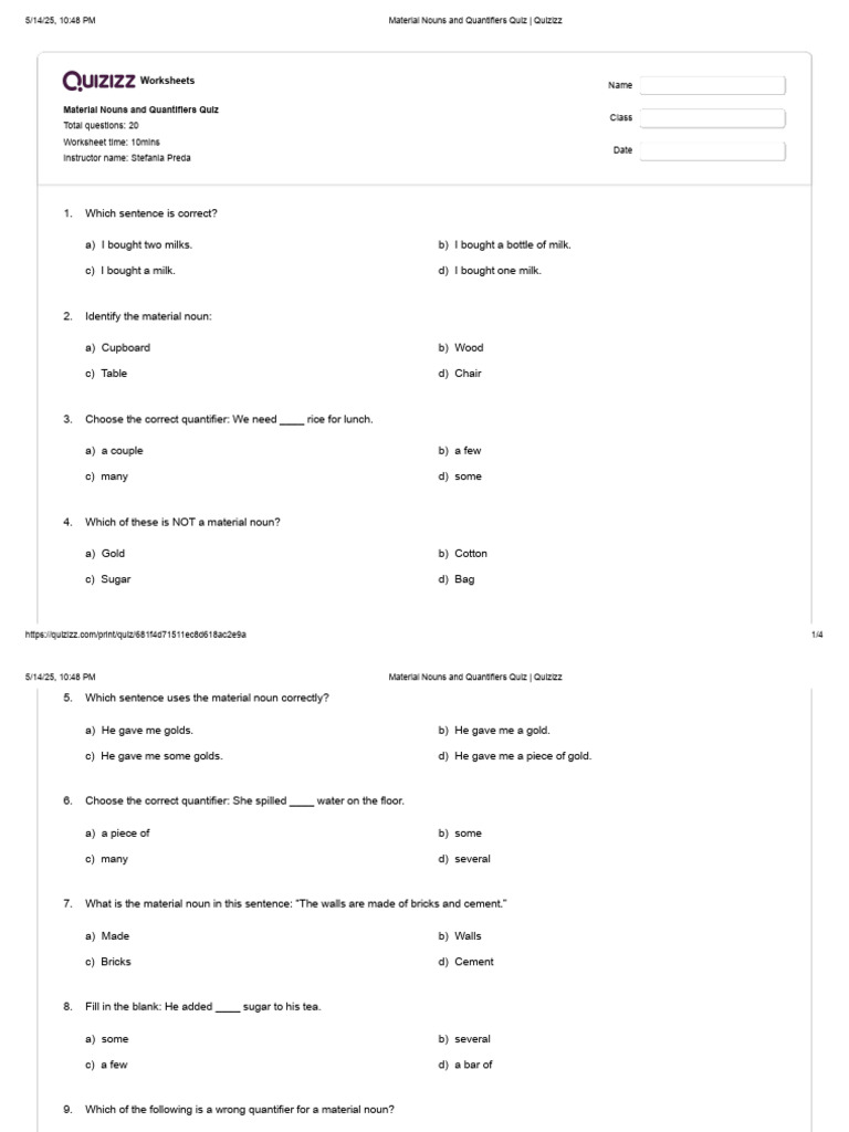 Material Nouns and Quantifiers Quiz _ Quizizz | PDF | Foods | Cuisine