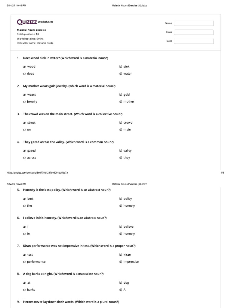 Material Nouns Exercise - Quizizz | PDF | Language Mechanics | Morphology