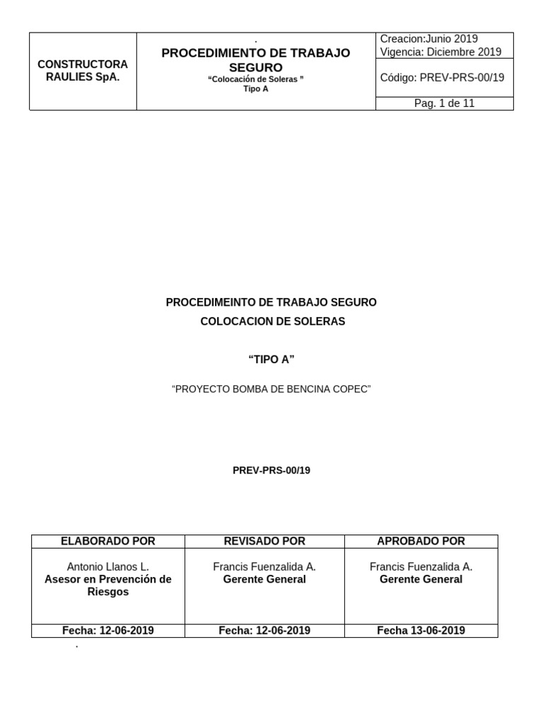Procedimiento de Trabajo Seguro Colocacion Soleras. | PDF | Hormigón