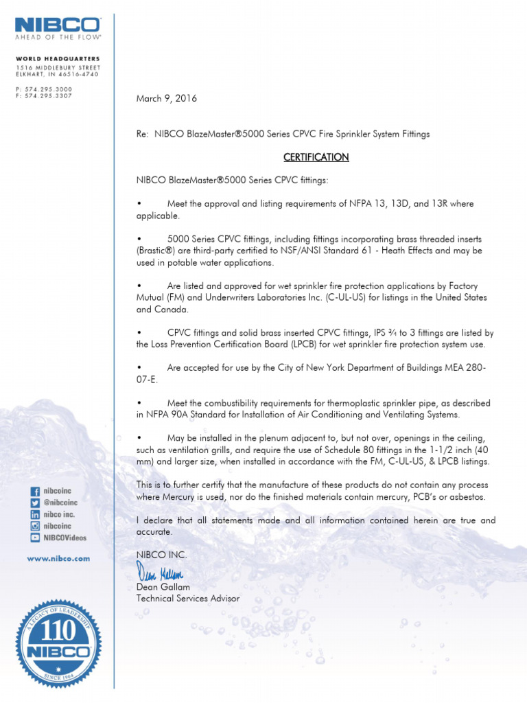 NIBCO BlazeMaster®5000 CPVC Fittings Certification | PDF