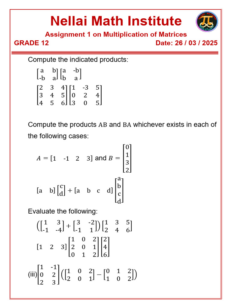 Assignment 1 On Multiplication of Matrices | PDF