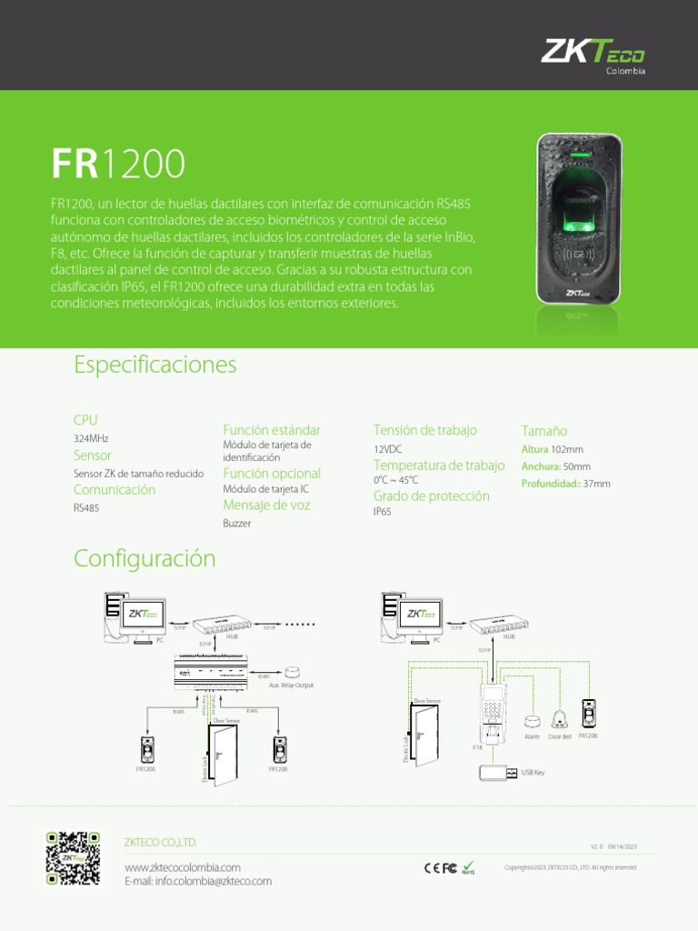 ZKTeco Colombia Control de Acceso FR1200 Ficha Tecnica | PDF | Protocolos de red | Tecnología de ...