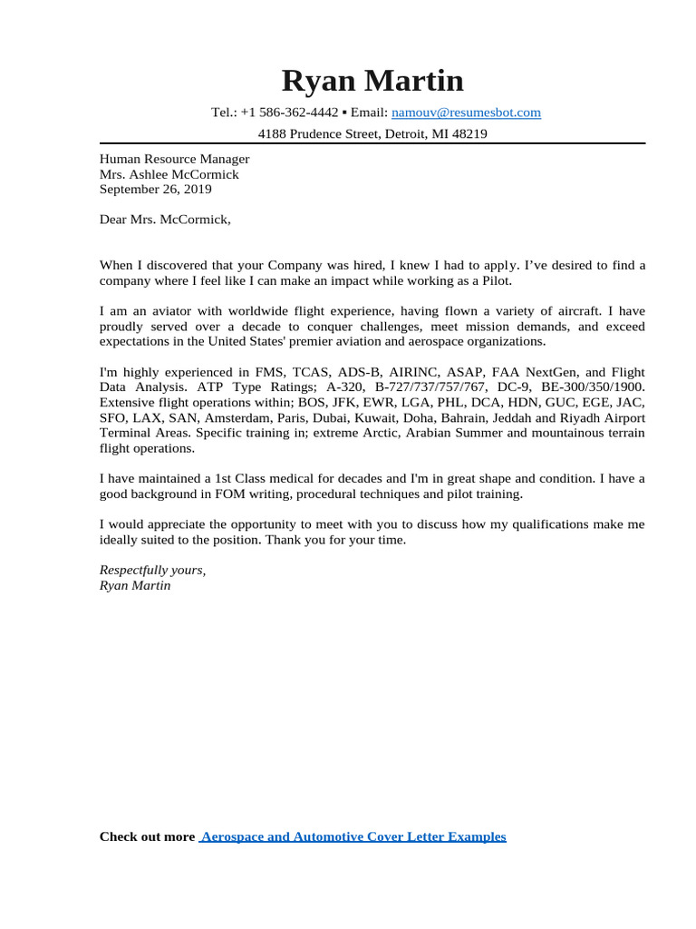 Pilot Cover Letter Example | PDF