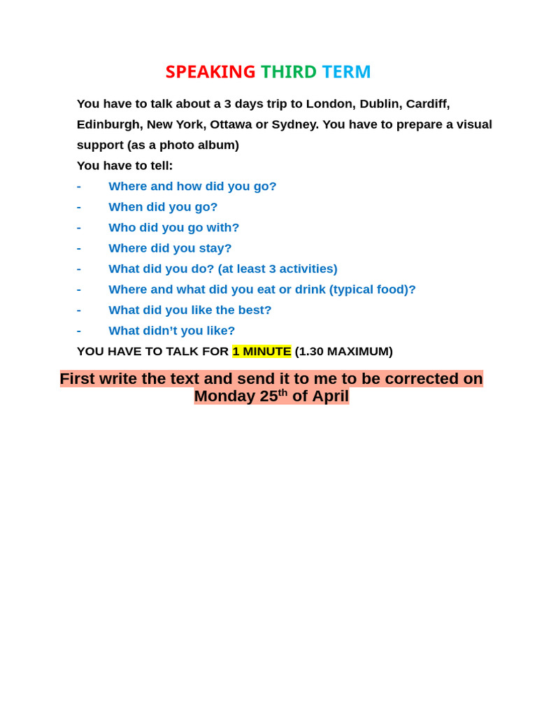 Speaking 3rd Term 2ESO D 24-25 | PDF