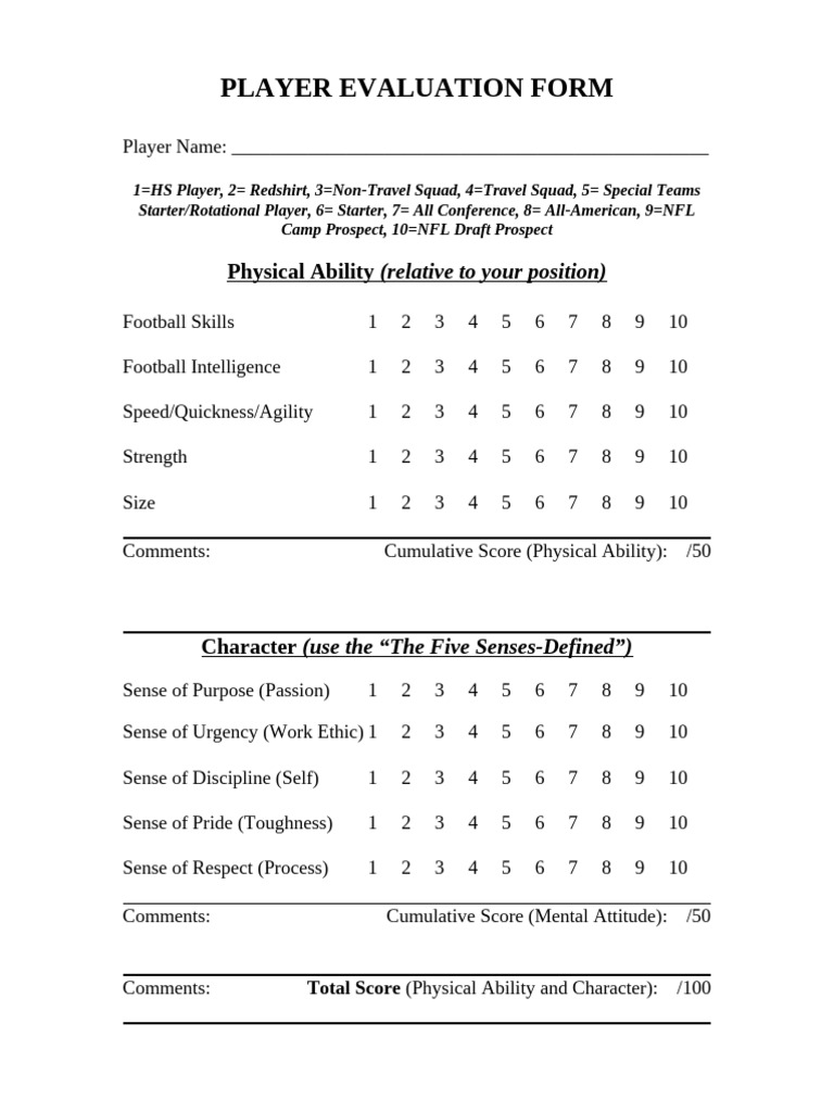 Football Player Evaluation Form (College) | PDF